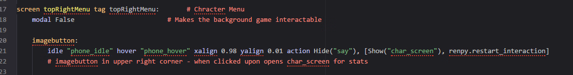 [Ren'Py] - [Solved] Need help hiding the dialogue box when a character screen is in the ...